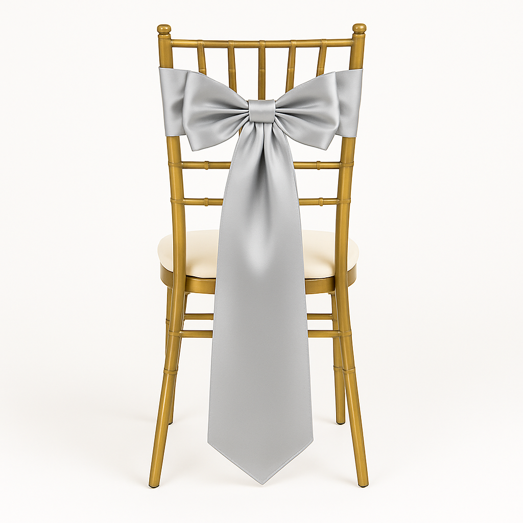 Silver Satin Chair Sashes Bows | S.N. LaVie Event Rentals & Services
