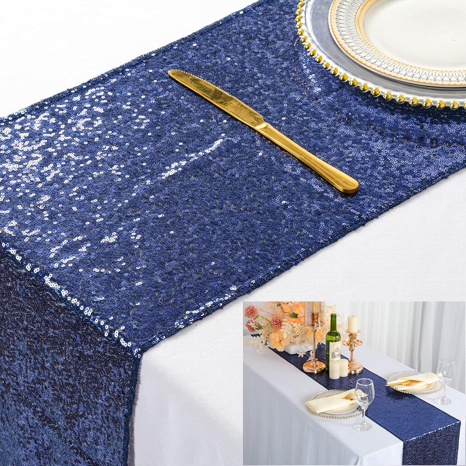 12'x108' Navy Blue Sequin Table Runner | Occasion Source, LLC