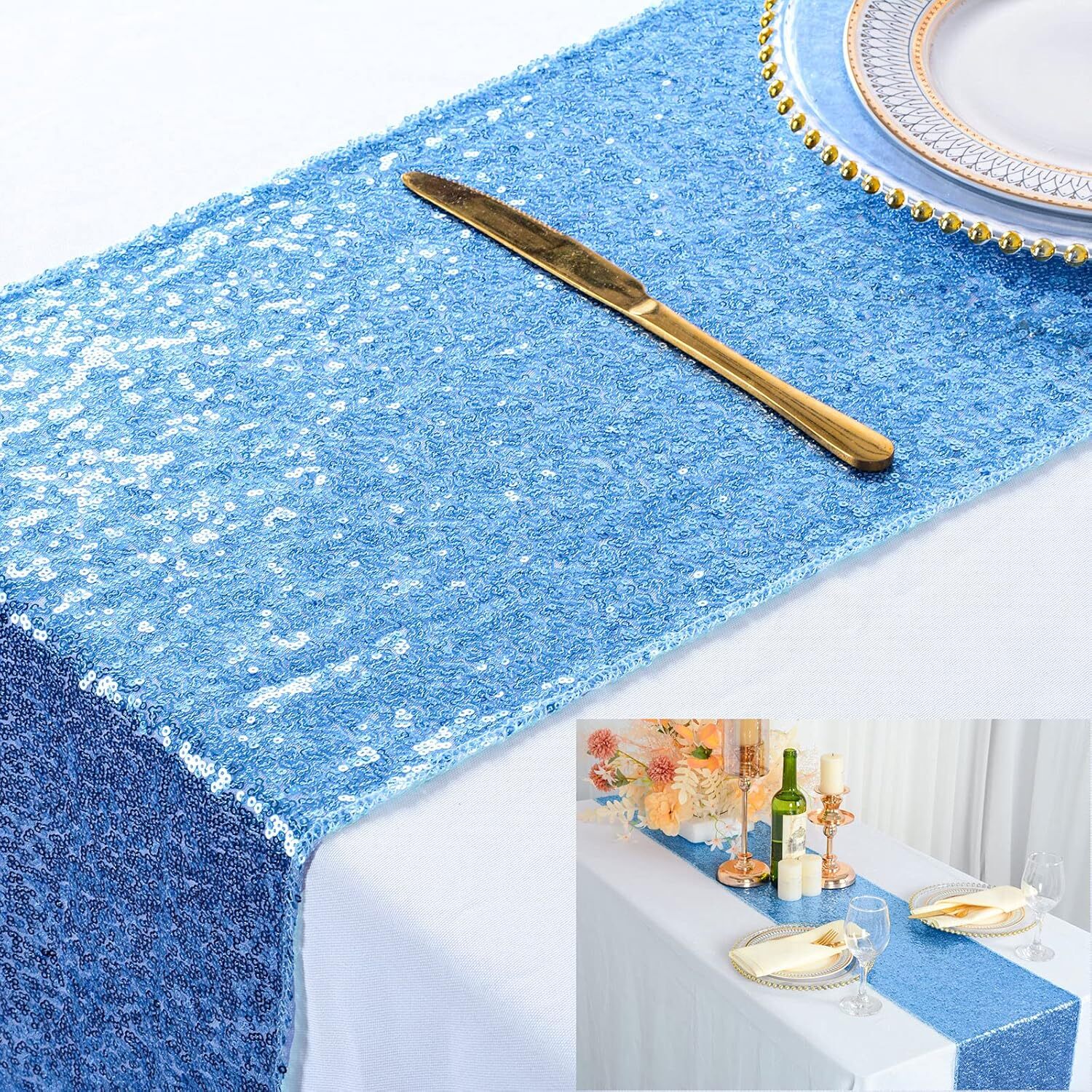 12'' x 108'' Baby Blue Sequin Table Runner | Party & Event Rentals in ...