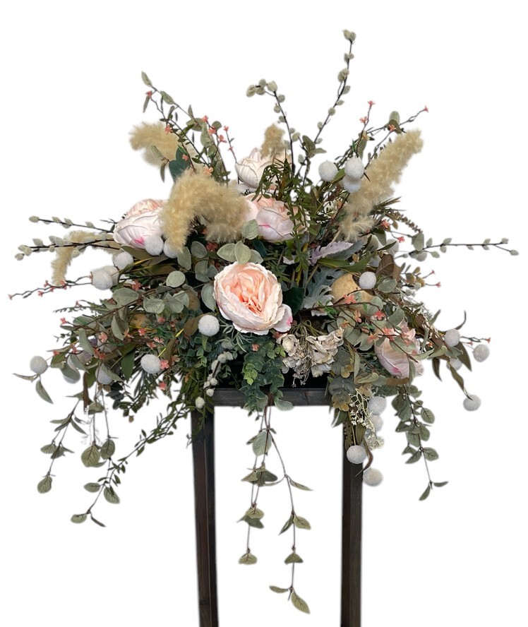 Peach Floral Barrel or Table Topper for Rent | Burlap to Black Tie, LLC