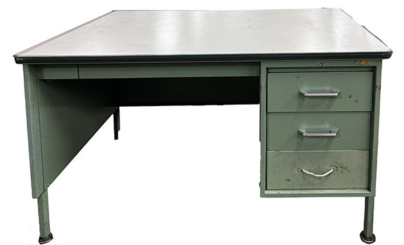 Olive Green Metal Tanker Desk three 3 drawer Desk with White Formica ...