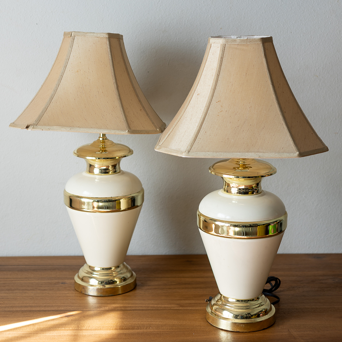 Cream and Gold Large Ceramic Side Lamps with Angular Cream Colored ...