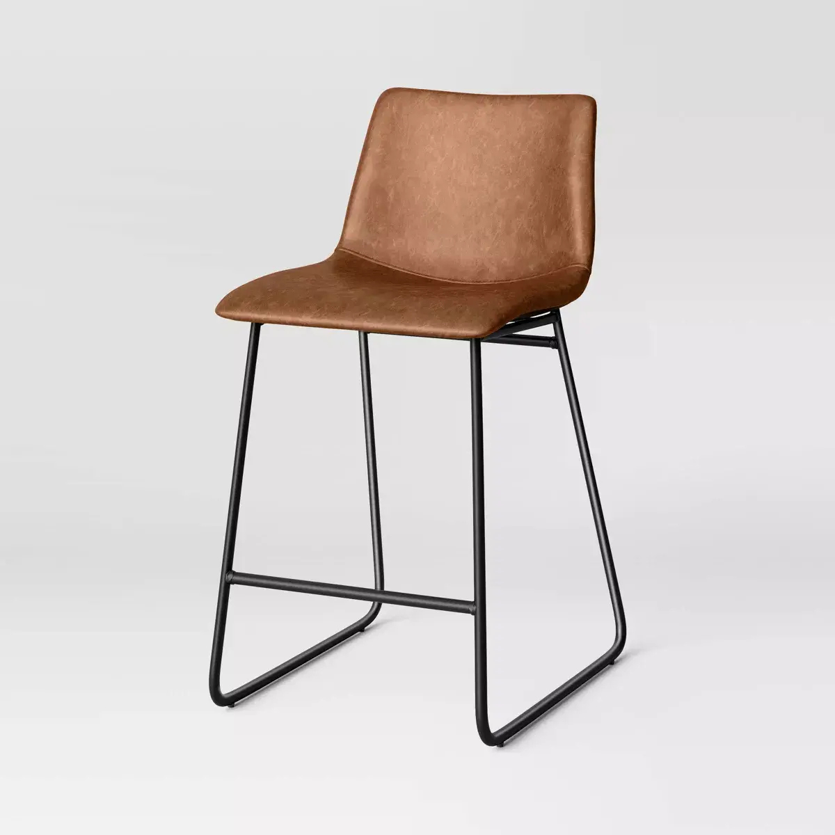 Caramel Leather Barstool - Counter Height | Design Eye Rentals - Austin