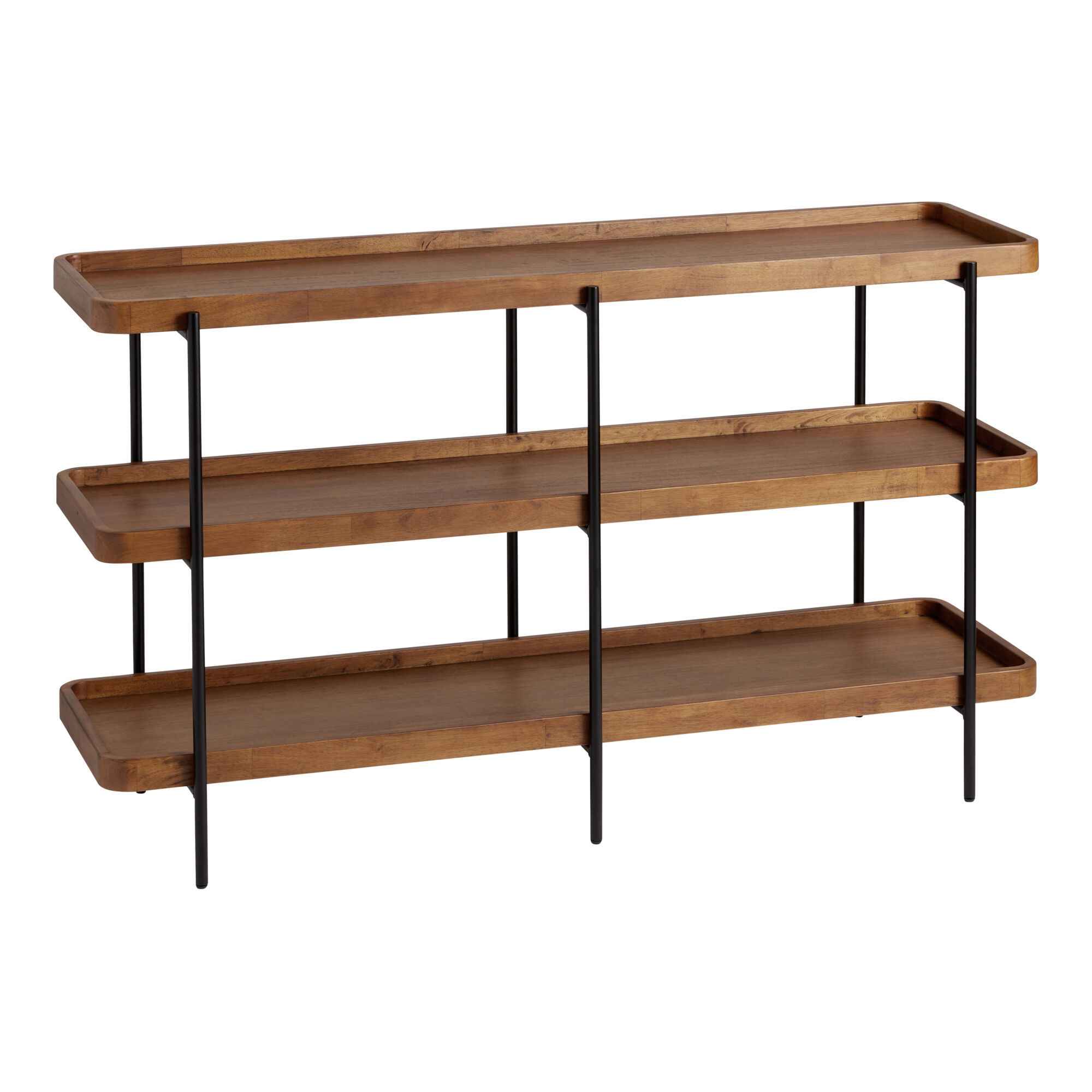 60' Acorn & Metal 3 Shelf Console Table | Design Eye Rentals - Austin