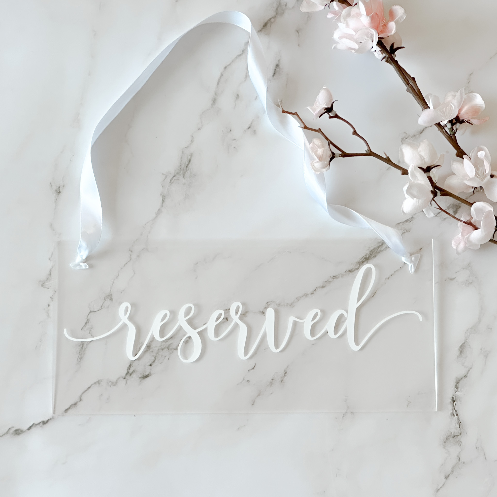 Reserved Hanging Acrylic Sign (Aspen) - Clear/White | BOXWOOD EVENTS LTD.