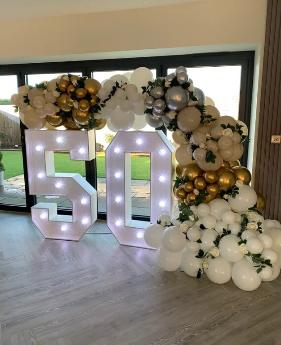 White and Gold Demi Balloon Arch with Light up Numbers | Enchanted ...